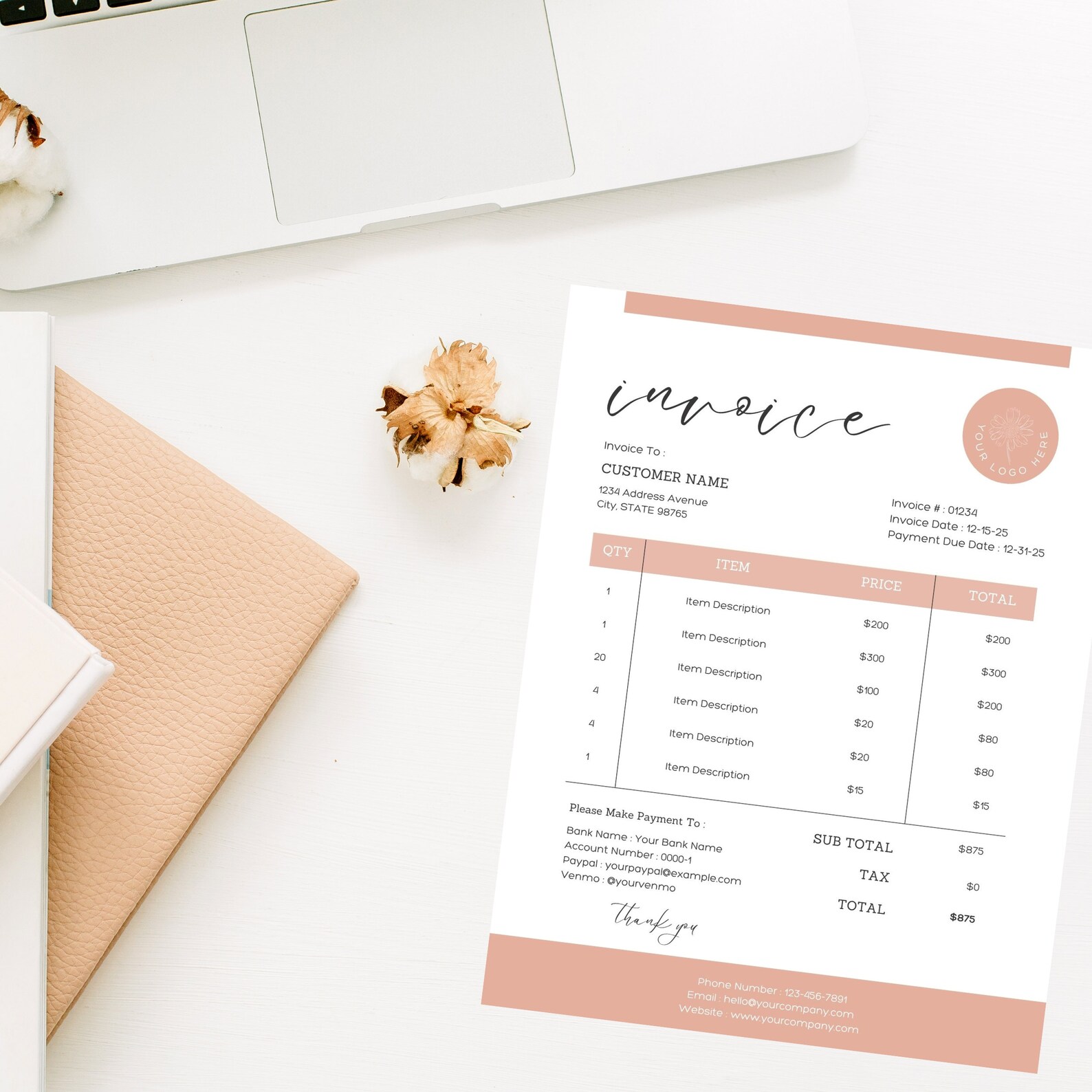 Editable Invoice Template Printable Order Form Invoice Boho - Etsy