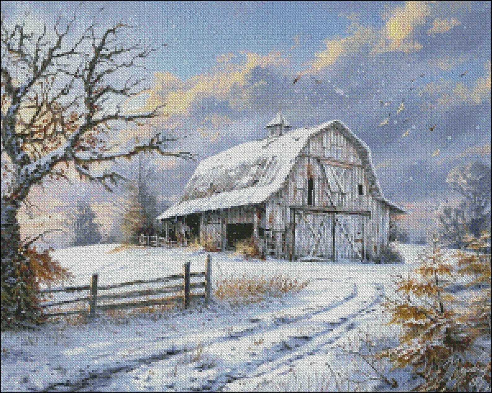 Winter Barn - Village Farm View Cross Stitch Patterns - Printable Chart ...