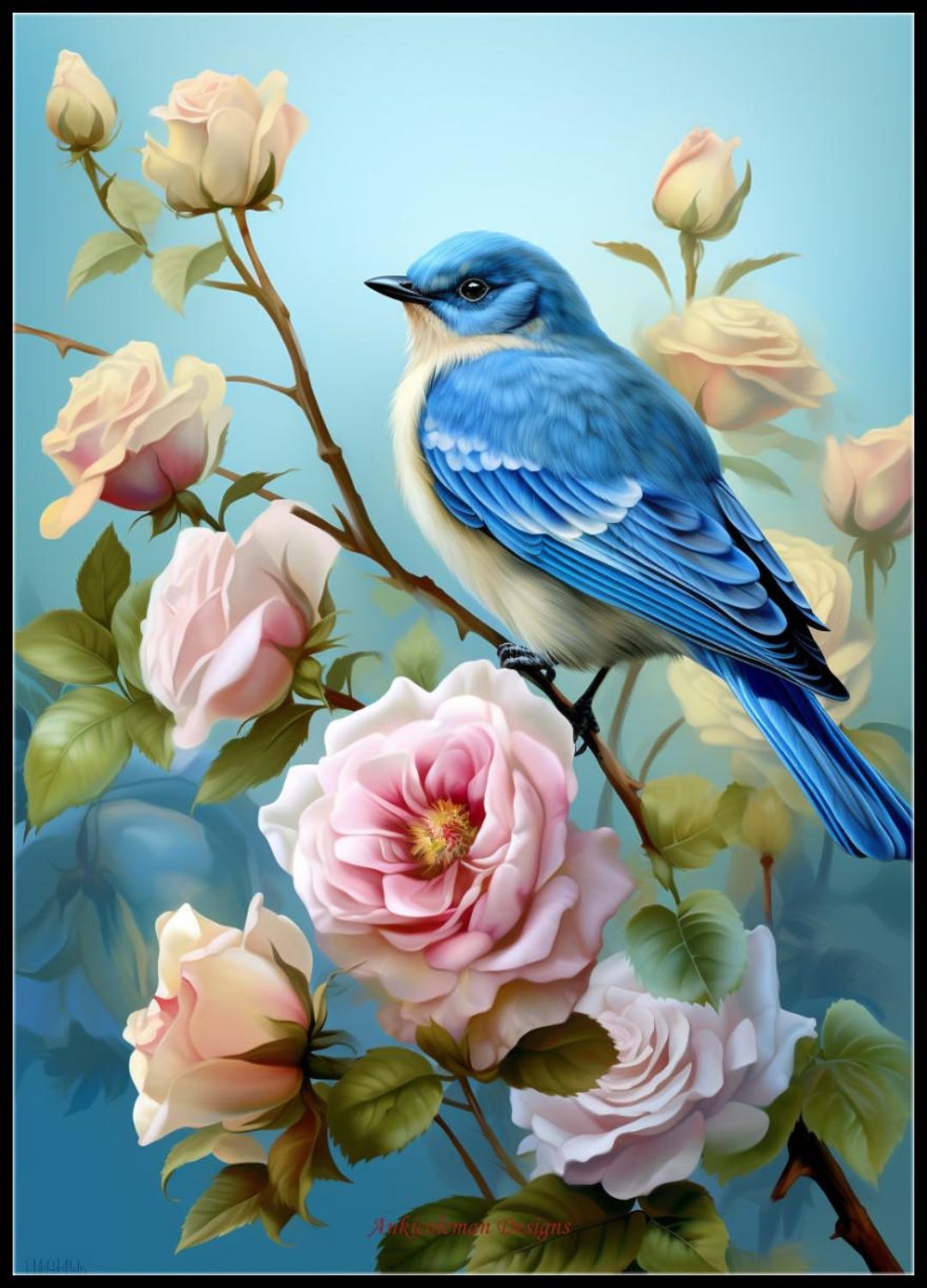 Blue Bird and Roses - Counted Cross Stitch Patterns - Printable Chart ...