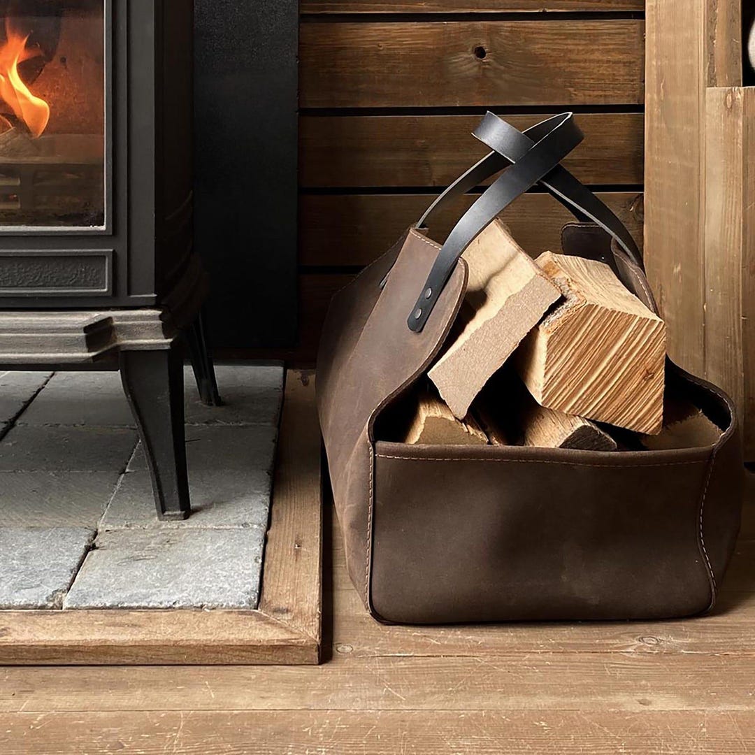 Personalised Leather Log Carrier | Monogrammed Leather Firewood Tote ...