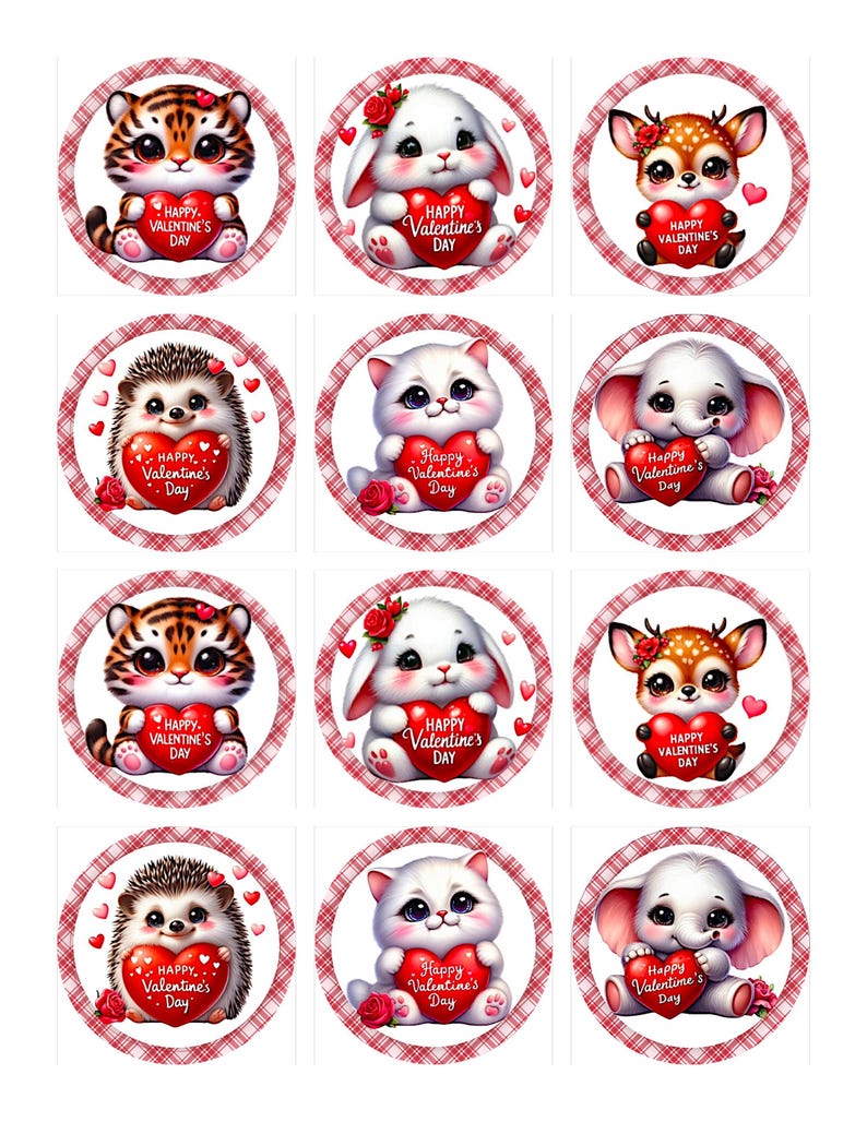 Pre-cut Edible Cupcake Toppers Valentine Animals, Wafer Paper or Sugar ...