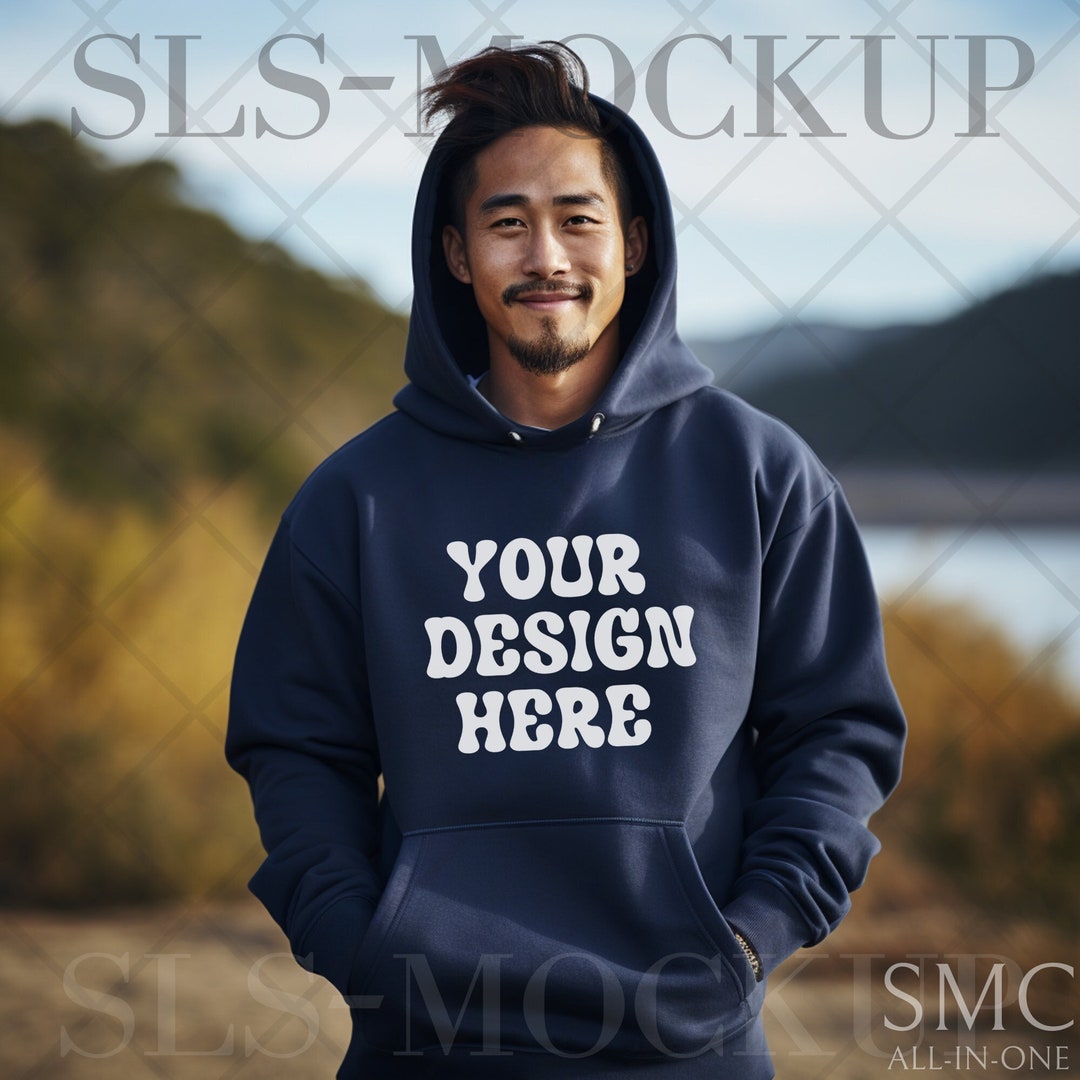Gildan 18500 Navy Mockup Gildan 18500 Hoodie Mockup Man Model Gildan ...