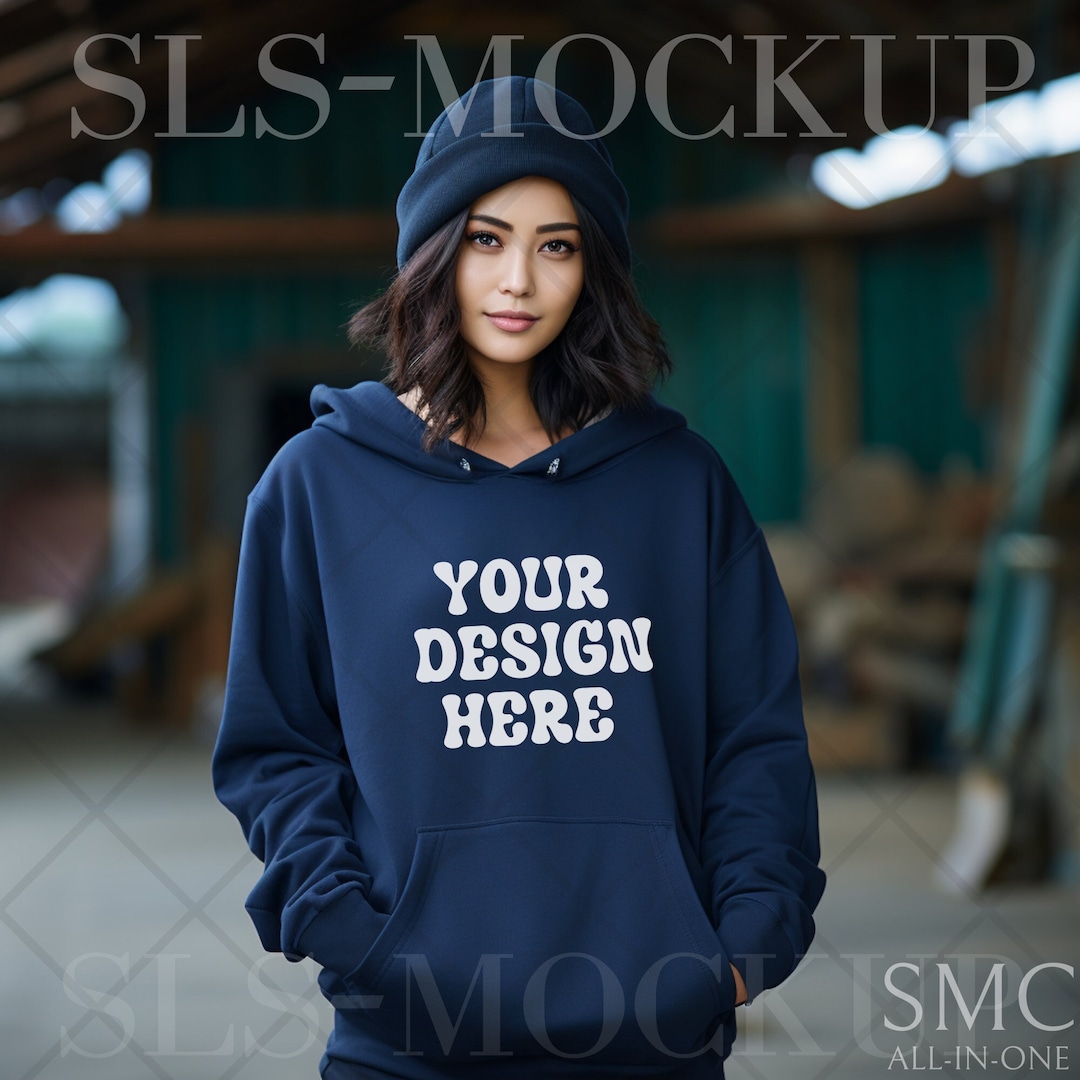 Gildan 18500 Navy Mockup Gildan 18500 Hoodie Mockup Woman Model Gildan ...