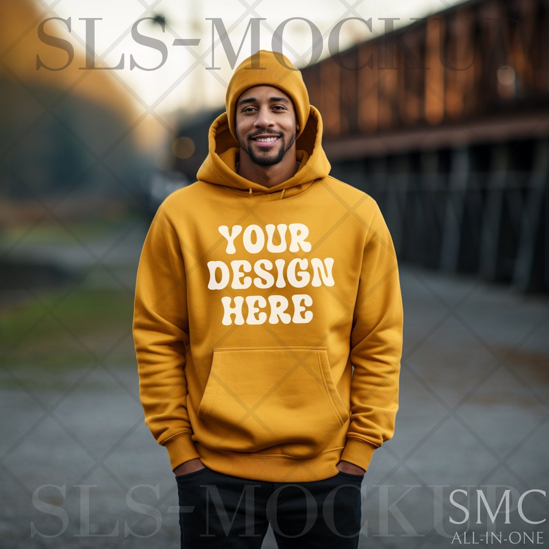 Gildan 18500 Gold Mockup Gildan 18500 Hoodie Mockup Man Model Gildan ...