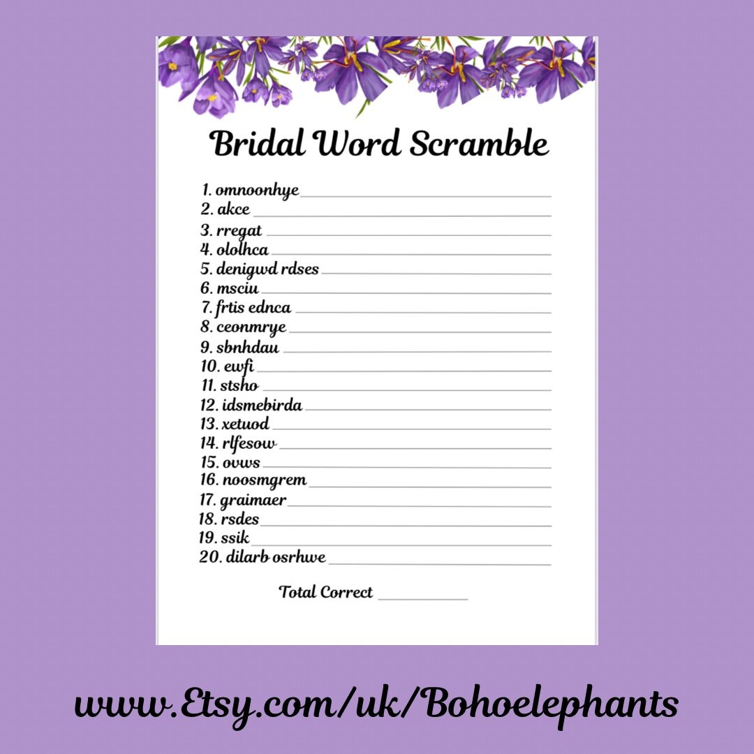 1 X Bridal Word Scramble, Instant Download Purple Flower Themed, Hen ...