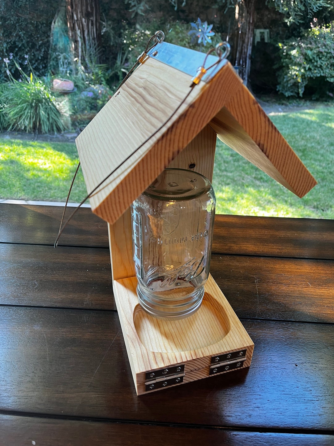 Wood Bird Feeder - Hinged Feeding Platform - Quart Mason Jar - Clear ...