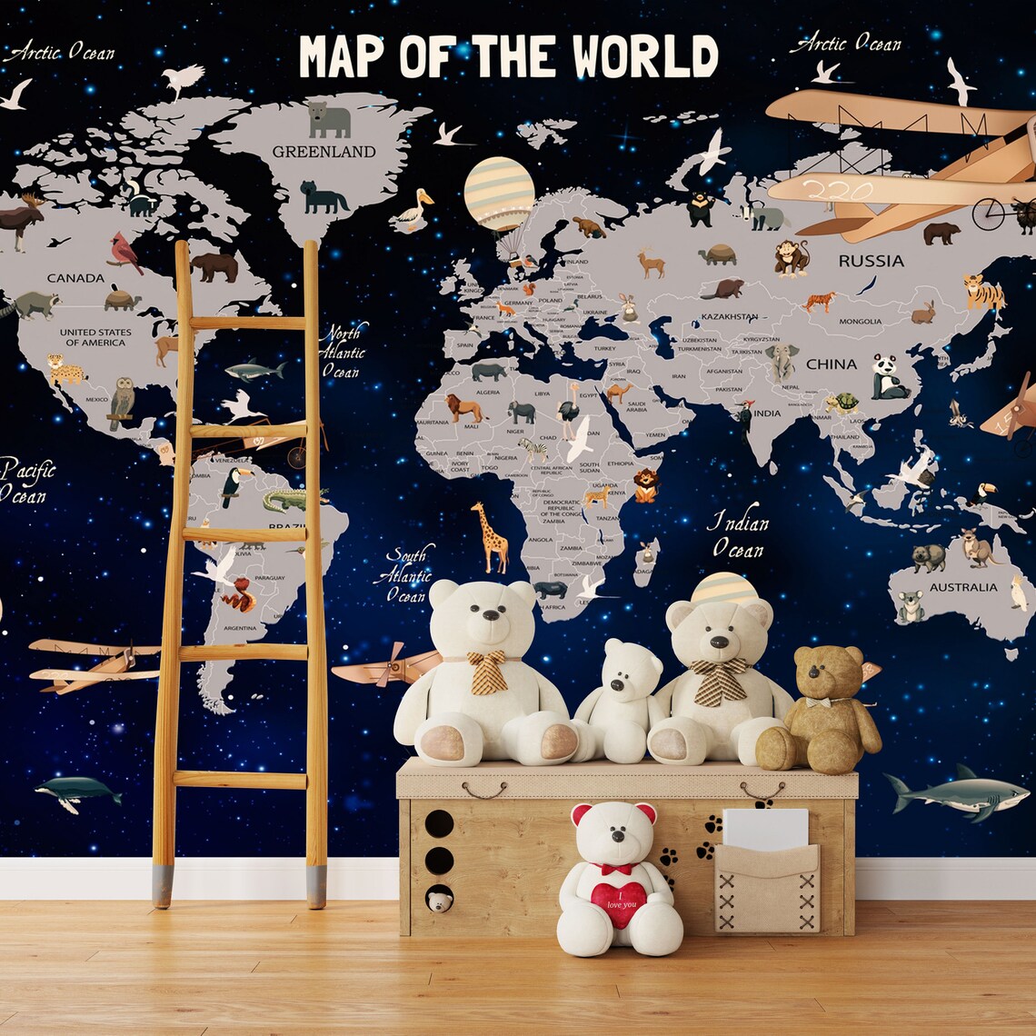 Child Map Kids Room Wallpaper With Space Background, Peel and Stick ...