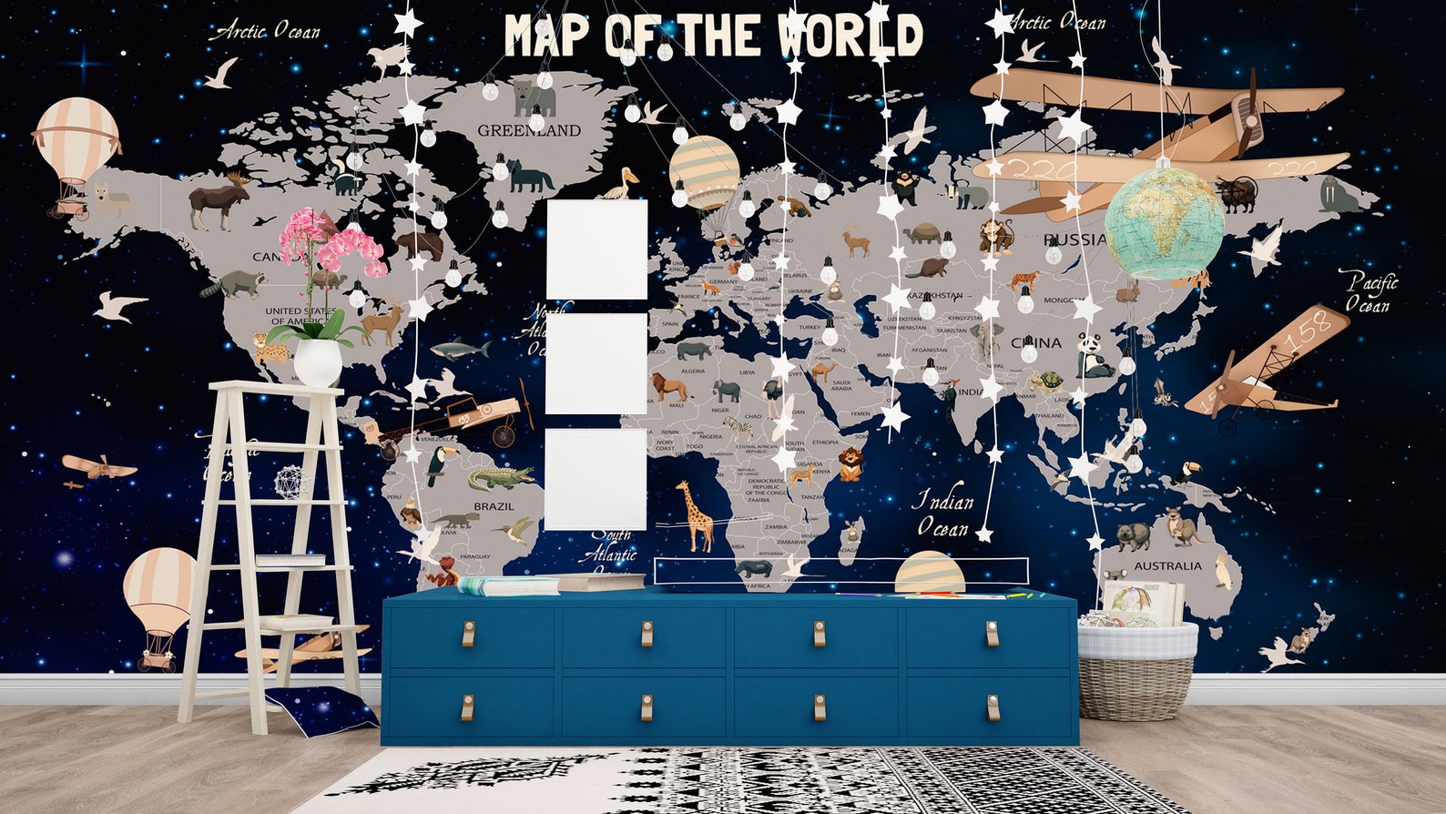 Child Map Kids Room Wallpaper With Space Background, Peel and Stick ...