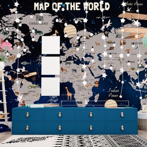 Child Map Kids Room Wallpaper With Space Background, Peel and Stick ...