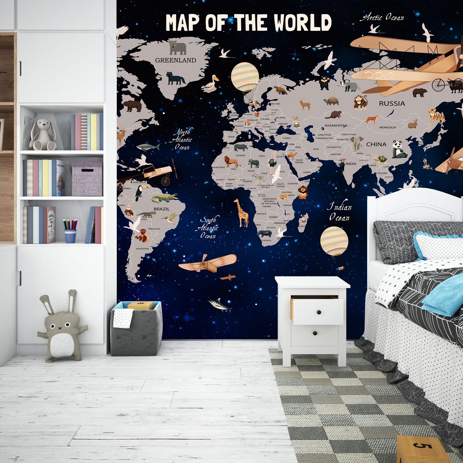 Child Map Kids Room Wallpaper With Space Background, Peel and Stick ...