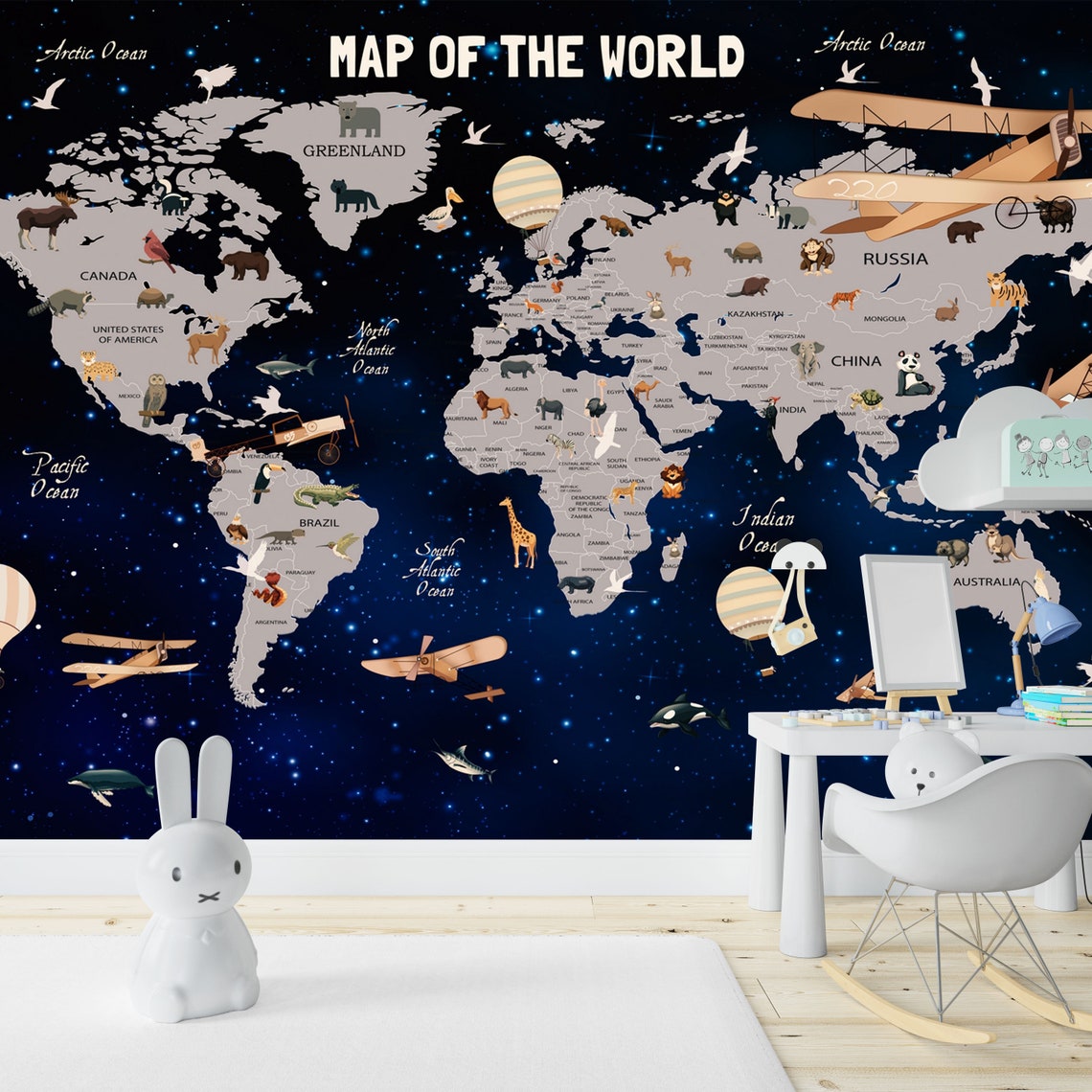 Child Map Kids Room Wallpaper With Space Background, Peel and Stick ...