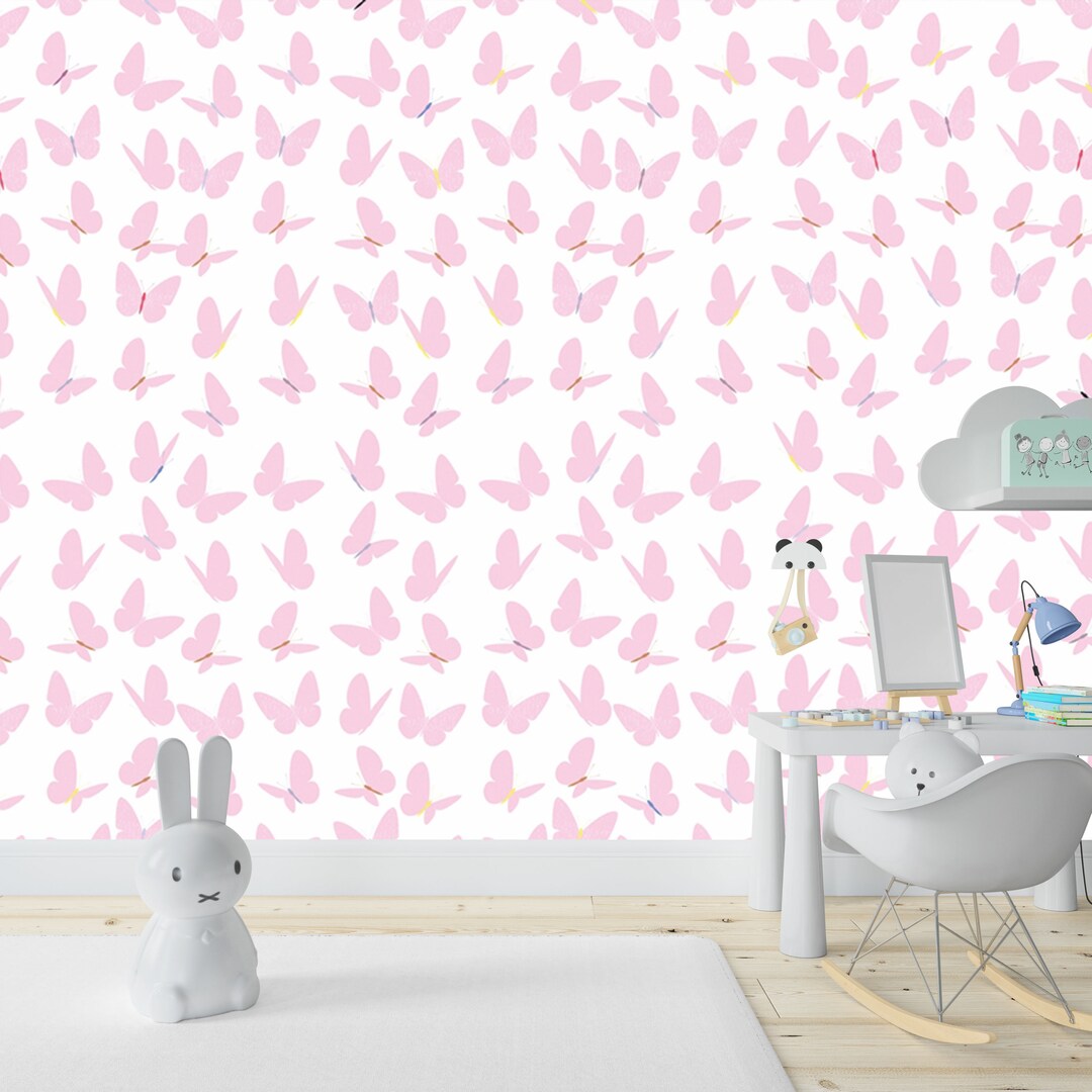 Watercolor Pink Butterfly Kids Room Wallpaper, Peel and Stick Soft ...