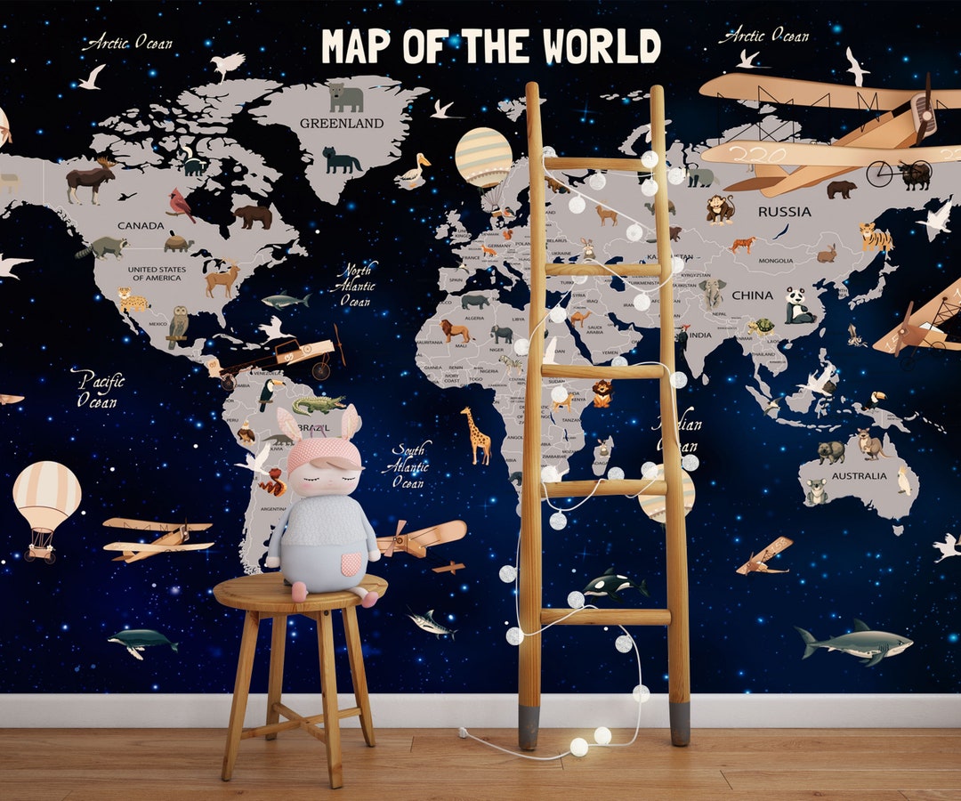 Child Map Kids Room Wallpaper With Space Background, Peel and Stick ...