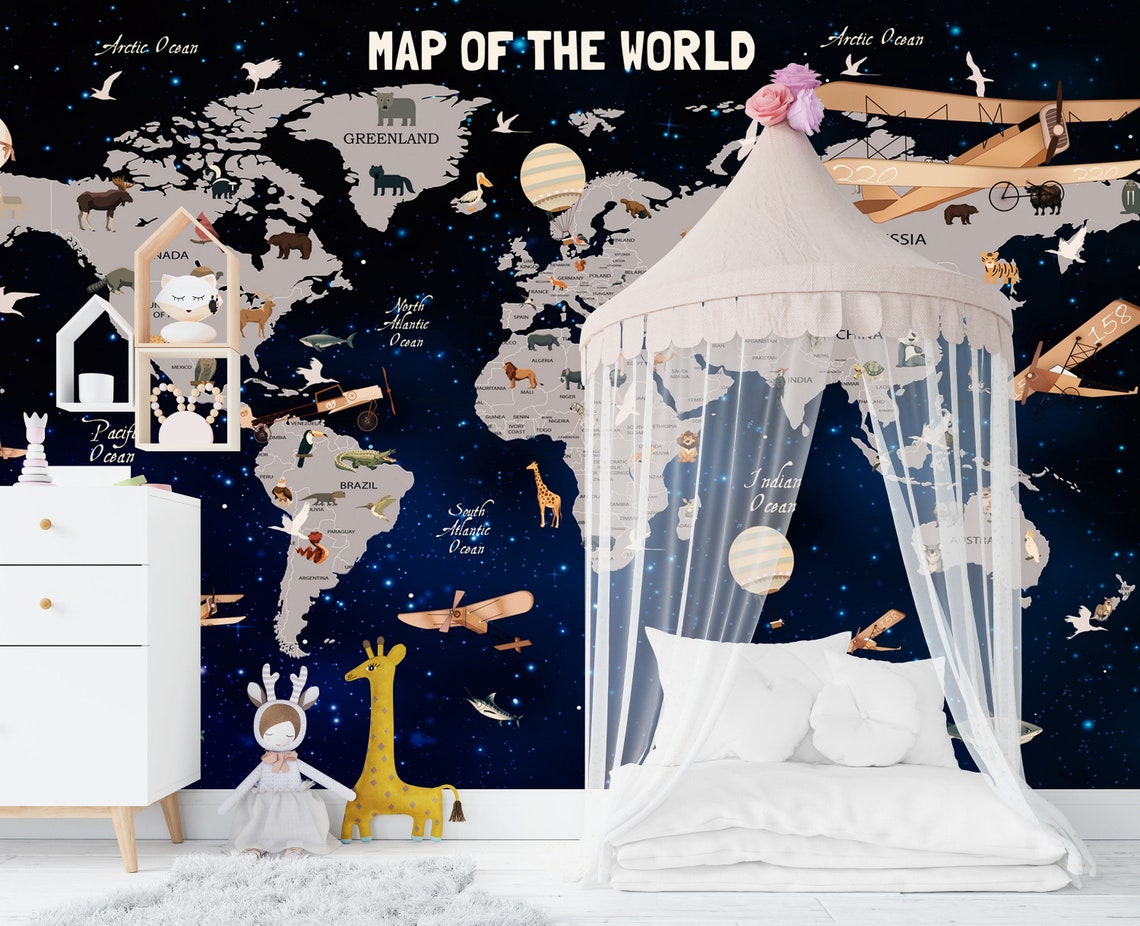 Child Map Kids Room Wallpaper With Space Background, Peel and Stick ...