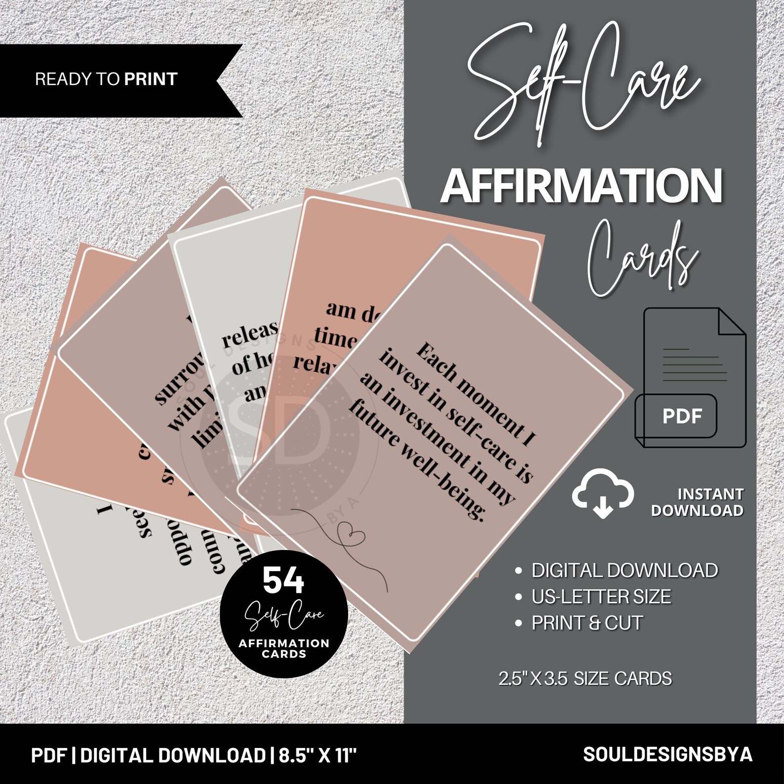 Self-care Affirmation Cards, 54 Affirmation Cards, Digital Download ...