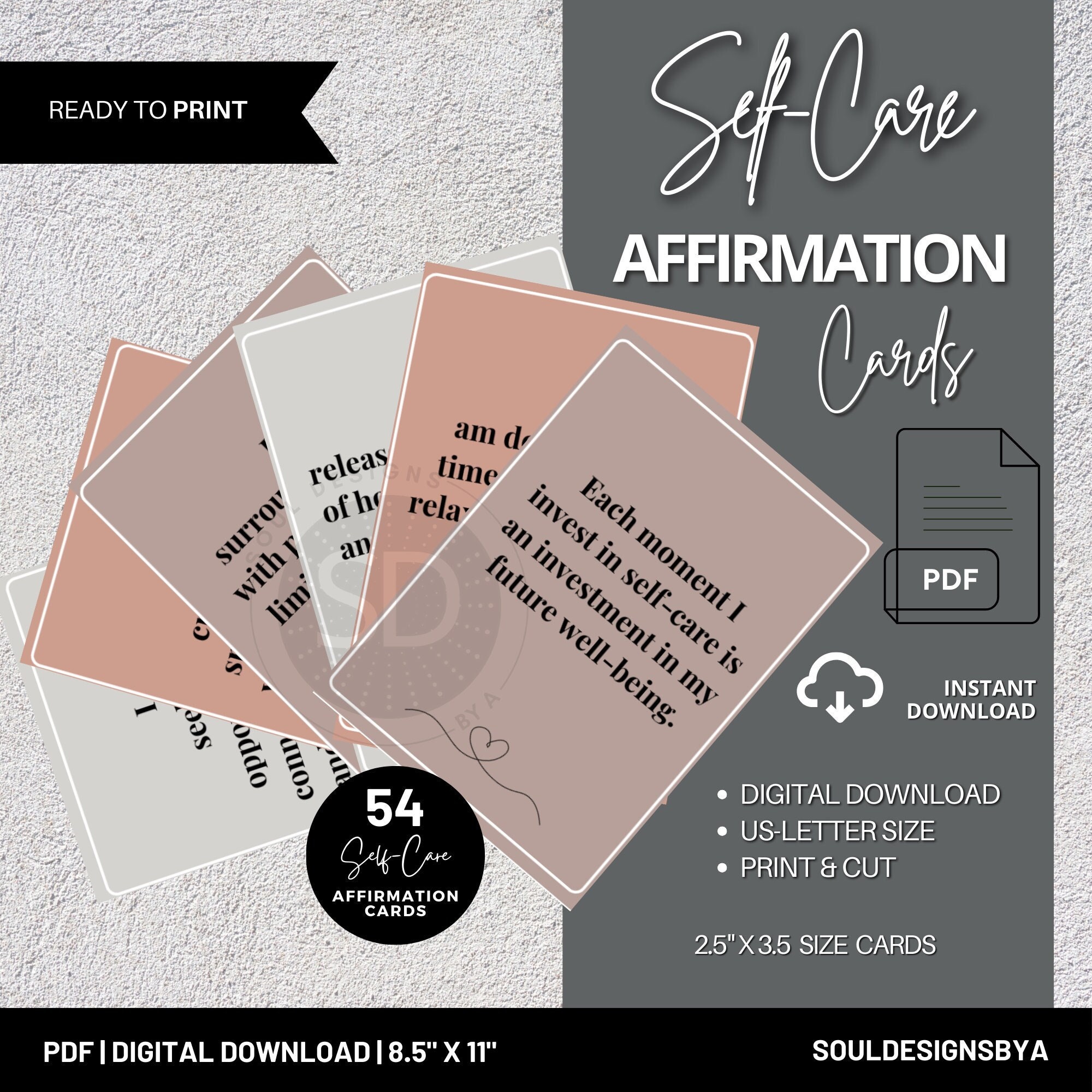 Self-care Affirmation Cards, 54 Affirmation Cards, Digital Download ...