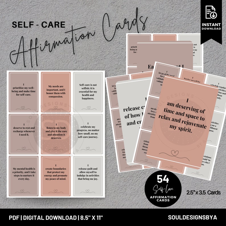 Self-care Affirmation Cards, 54 Affirmation Cards, Digital Download ...