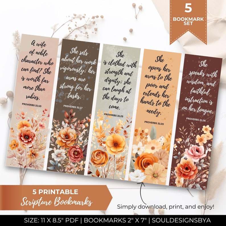 Proverbs 31 Floral Scripture Bookmarks: Set of 5 (printable Digital ...