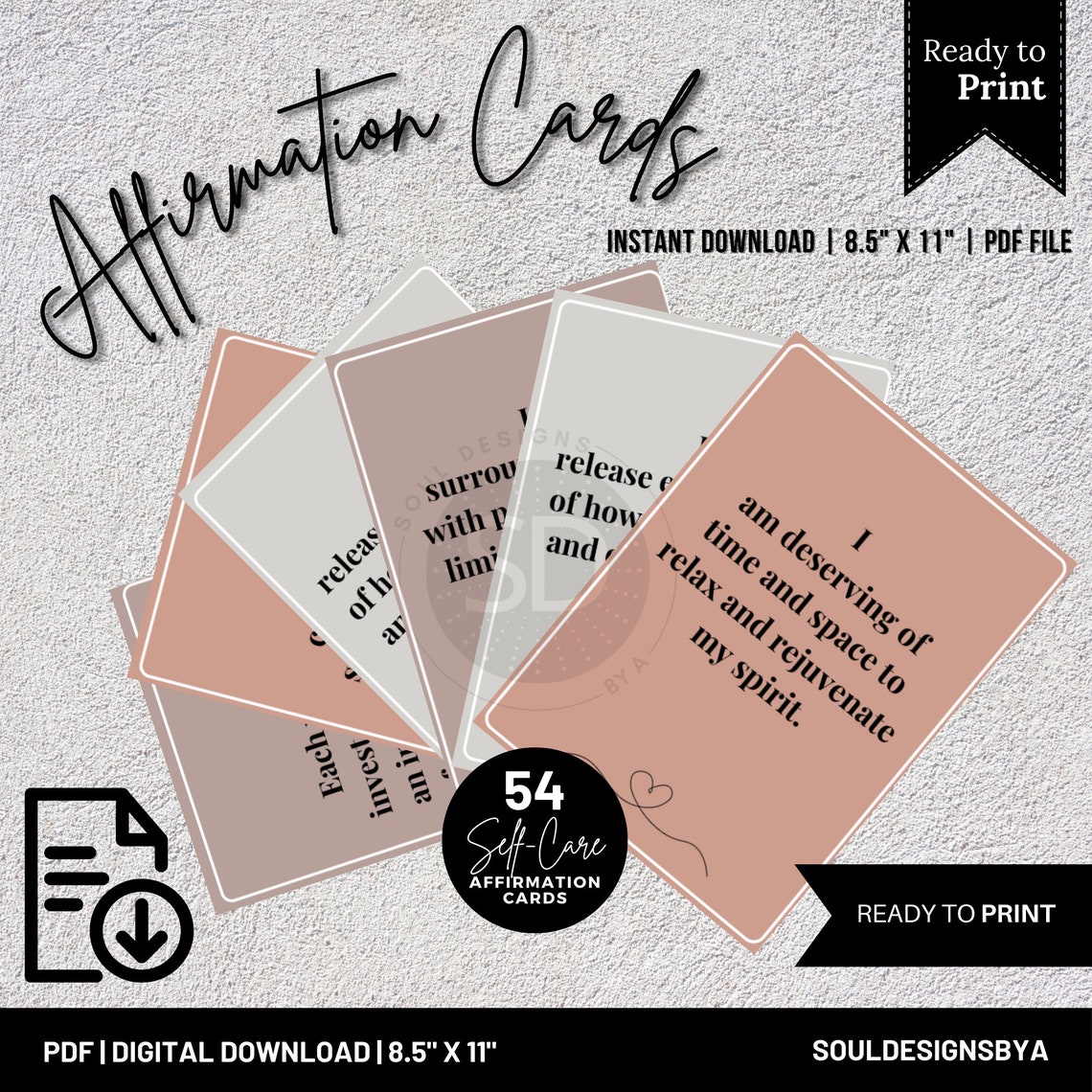 Self-care Affirmation Cards, 54 Affirmation Cards, Digital Download ...