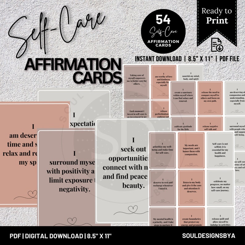 Self-care Affirmation Cards, 54 Affirmation Cards, Digital Download ...