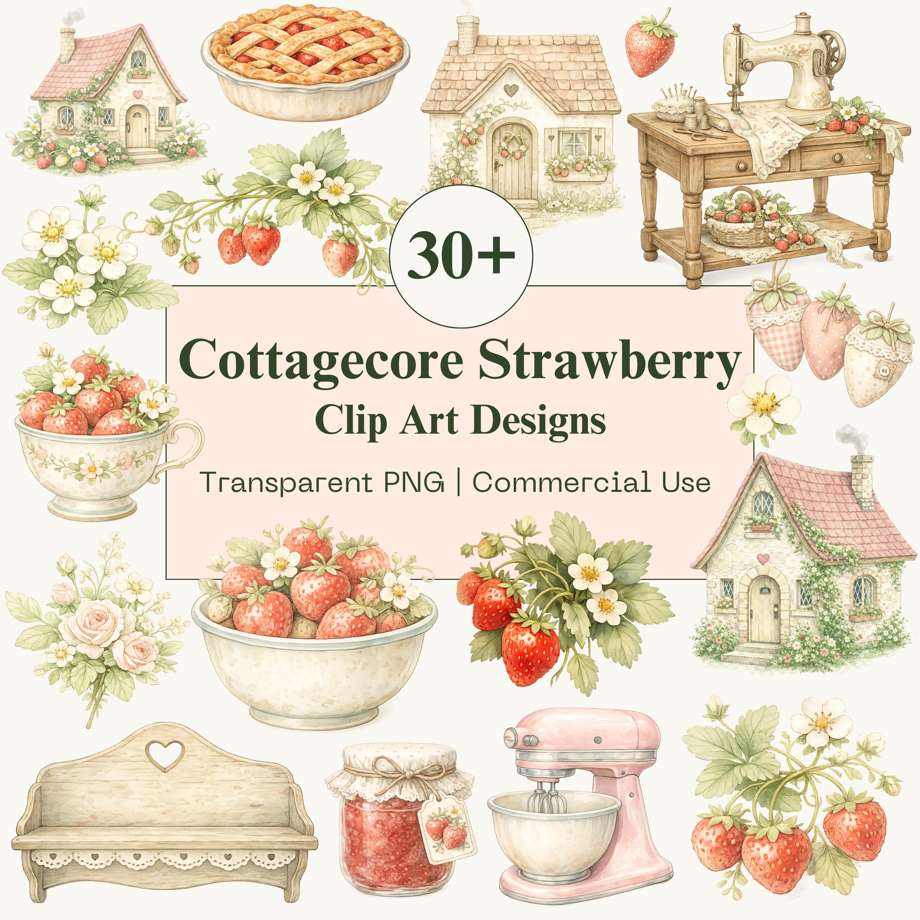 Cottagecore Strawberry Clip Art Bundle | Vintage Watercolor PNG ...