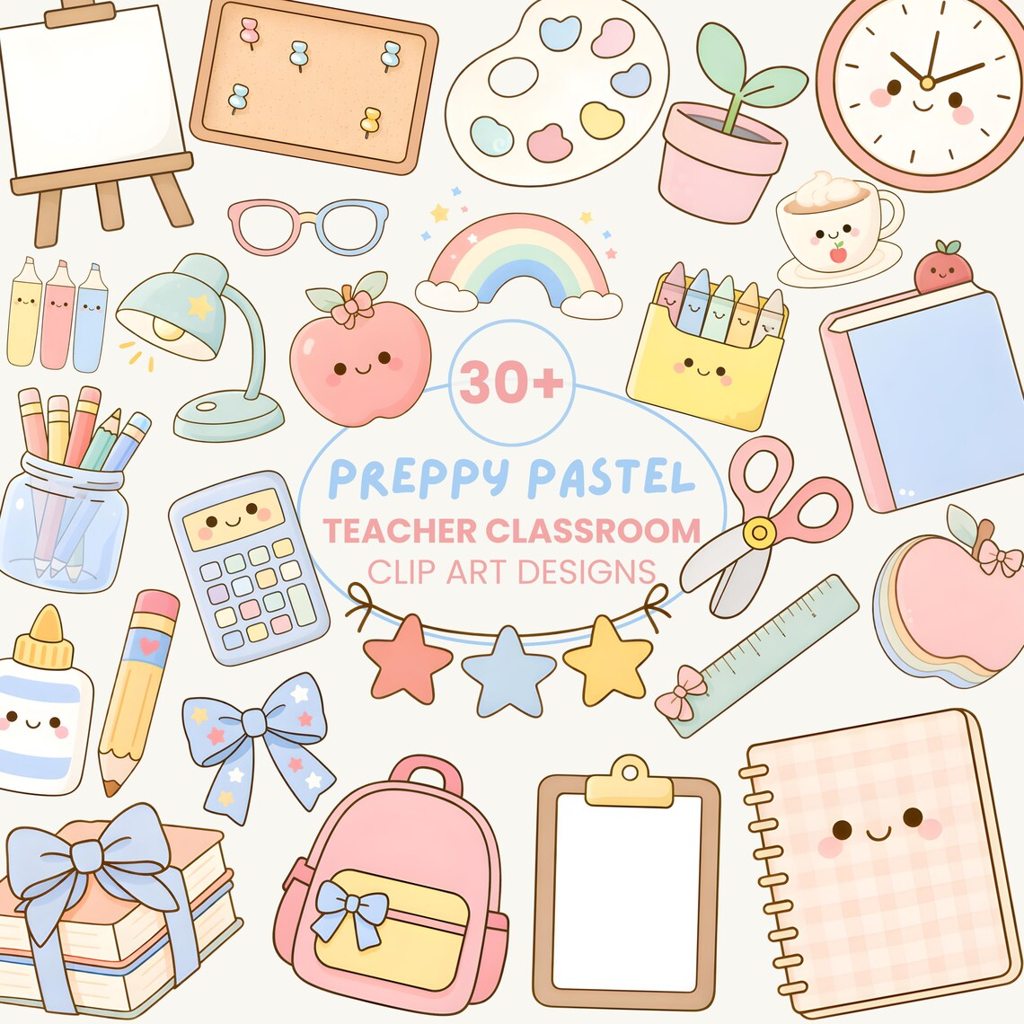 Preppy Pastel Teacher Classroom Clip Art | Kawaii School Supplies PNG ...