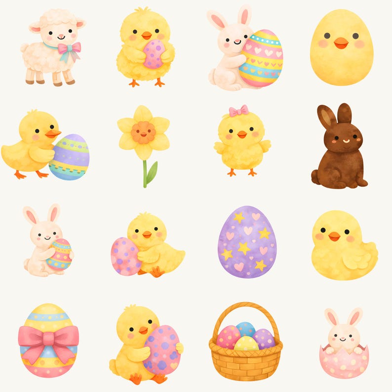 Happy Easter Clip Art Bundle | Watercolor Spring PNG | Bunny Chick Lamb ...