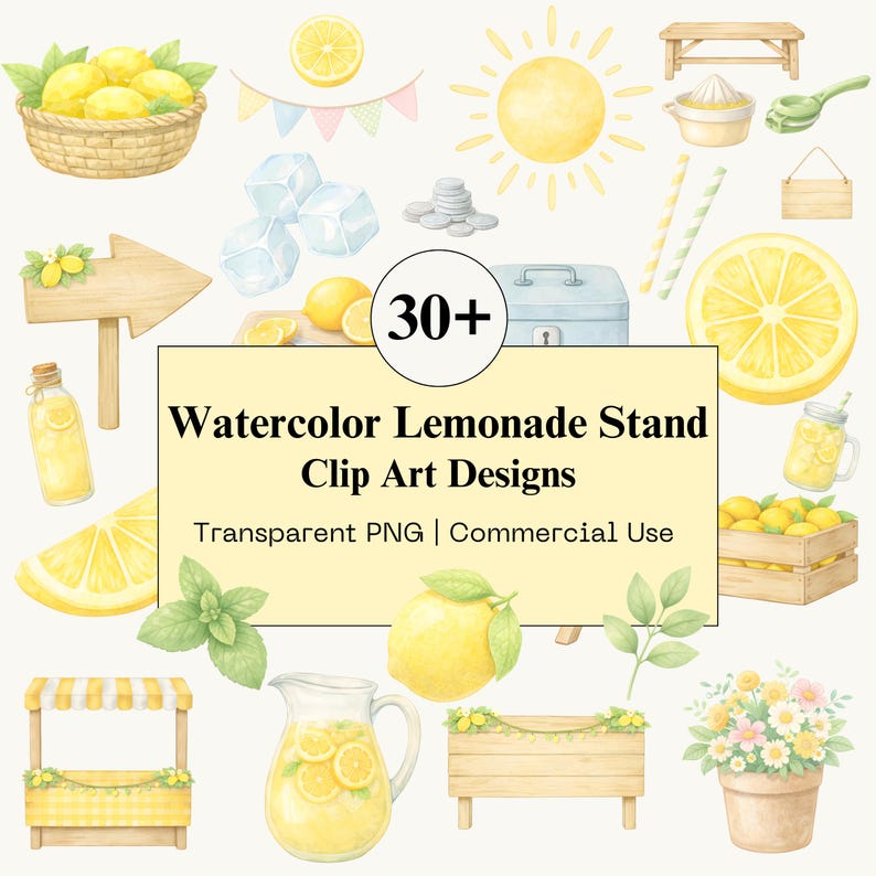 Watercolor Lemonade Stand Clip Art Bundle | Lemon PNG Clipart | Summer ...