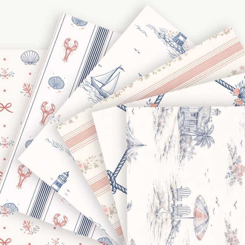 Nautical Grandmillennial Digital Paper Pack | Coastal Floral Stripe ...