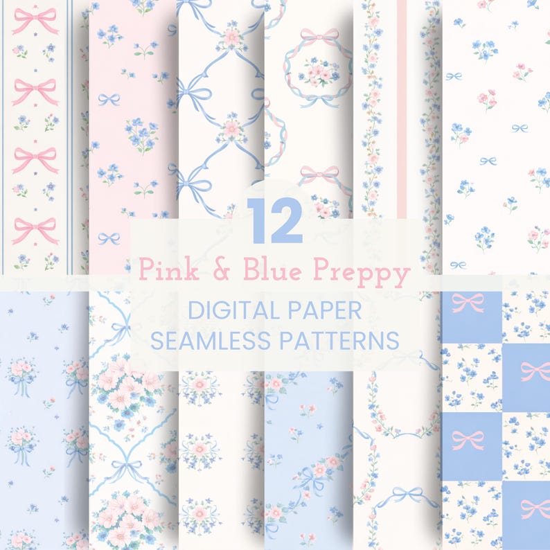 Grandmilennial Floral Digital Paper | Pink & Blue Bow Patterns ...