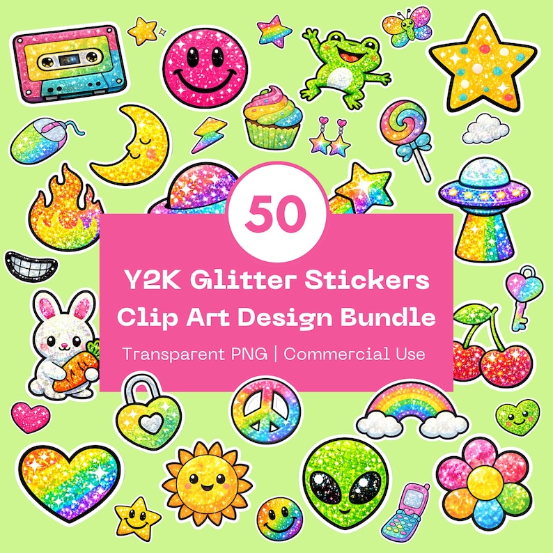 Y2K Glitter Stickers Clip Art Bundle | Rainbow Sparkle PNG | Retro ...