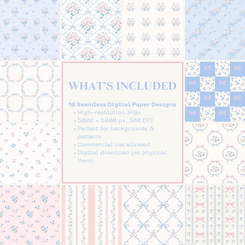 Grandmilennial Floral Digital Paper | Pink & Blue Bow Patterns ...