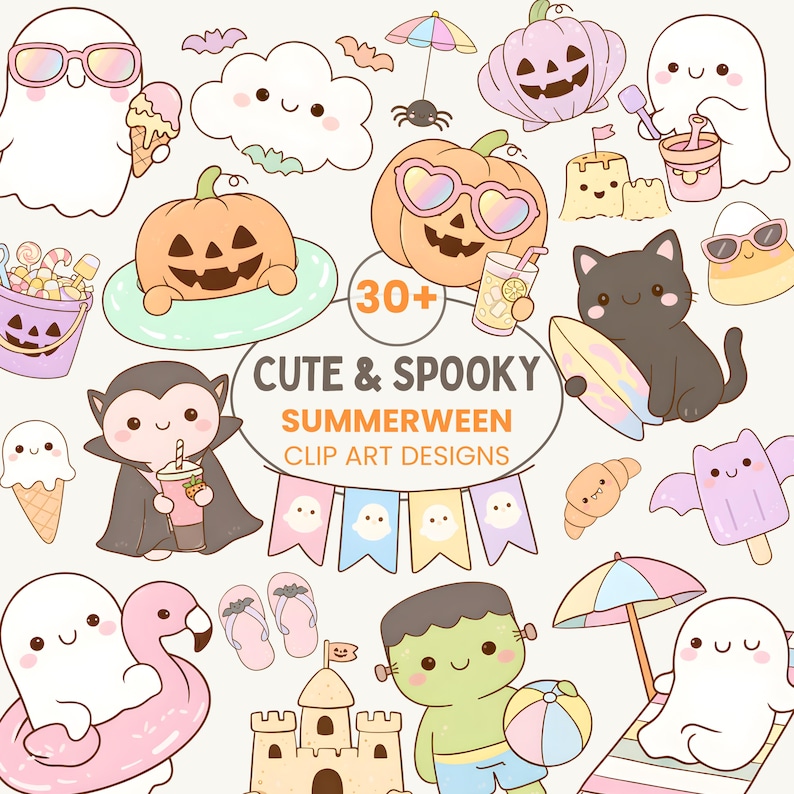 Summerween Clip Art PNG Bundle | Pastel Ghosts, Pumpkins, Beach Designs ...