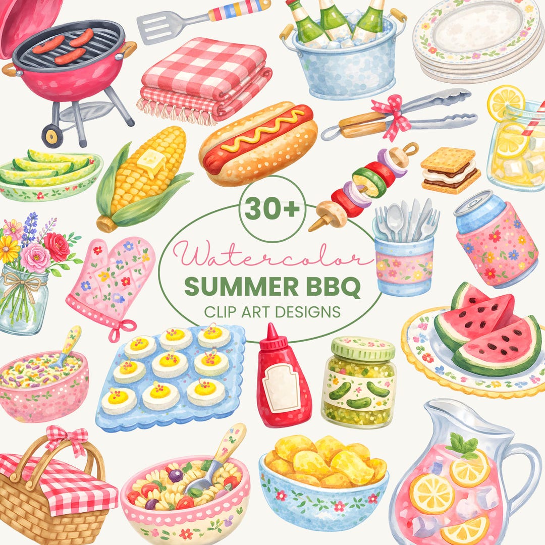 Watercolor Summer BBQ Clip Art | Picnic Cookout Graphics (digital ...