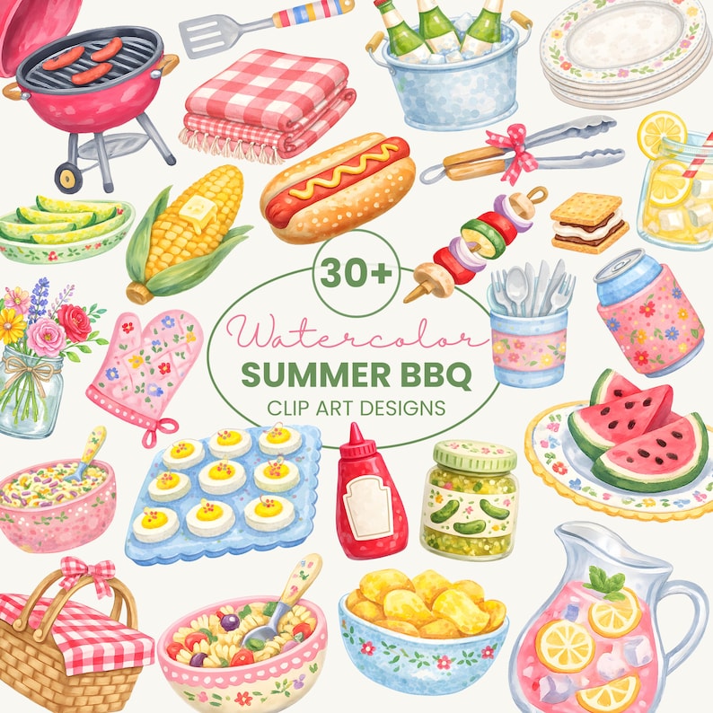 Watercolor Summer BBQ Clip Art | Picnic Cookout Graphics PNG ...