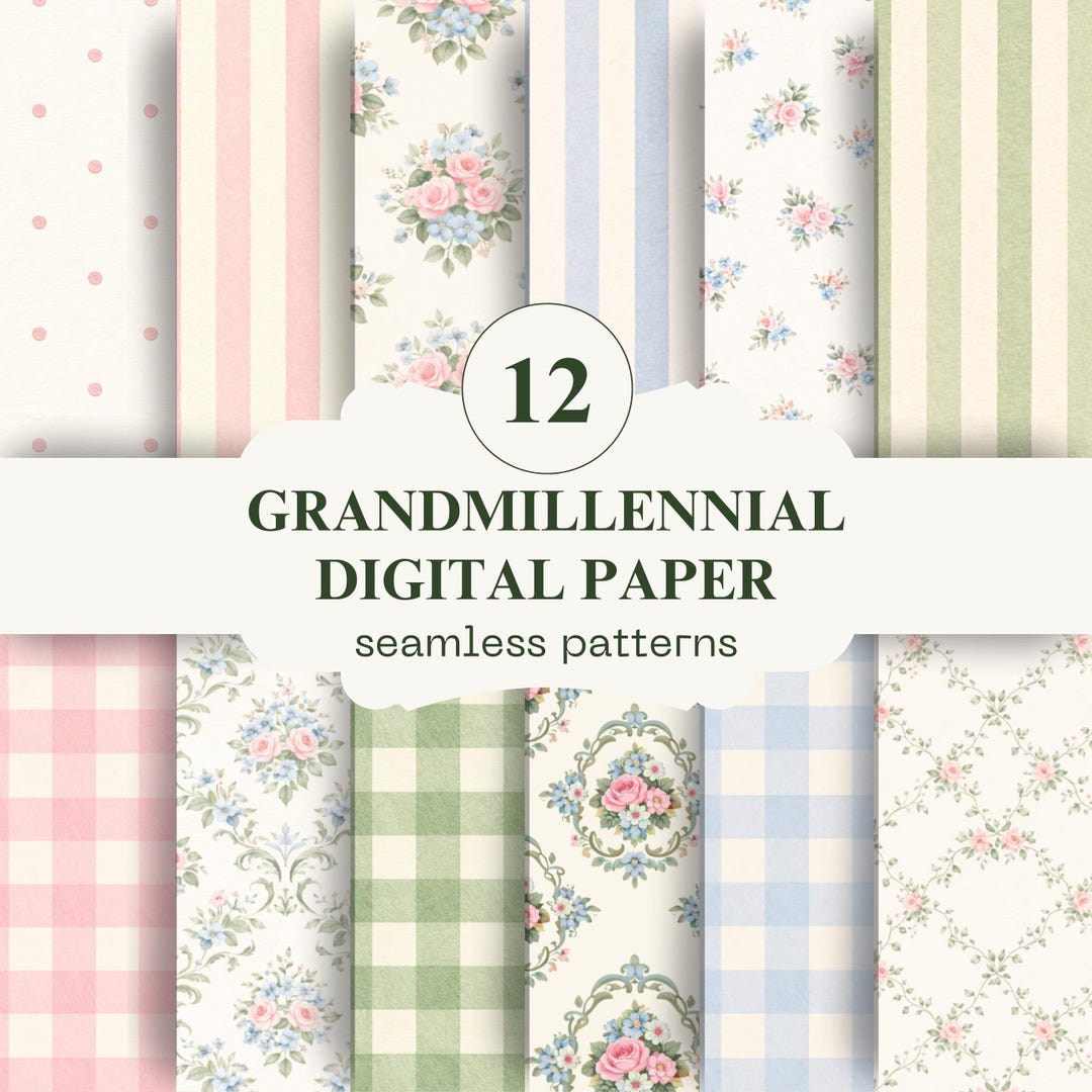 Grandmillennial Digital Paper Pack | Floral Gingham Seamless Patterns ...