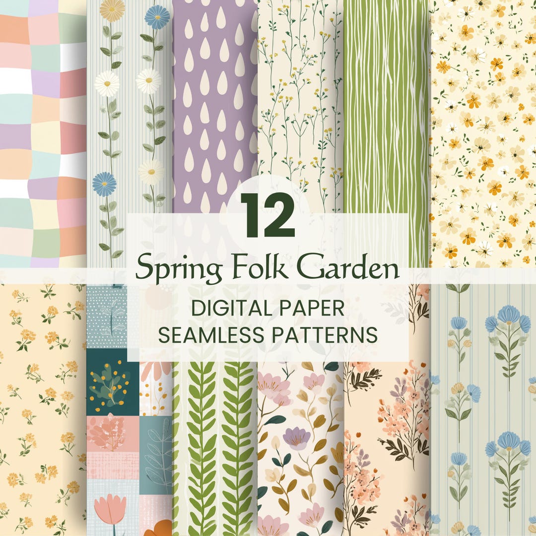 Spring Folk Garden Digital Paper Pack | Seamless Floral Patterns for ...