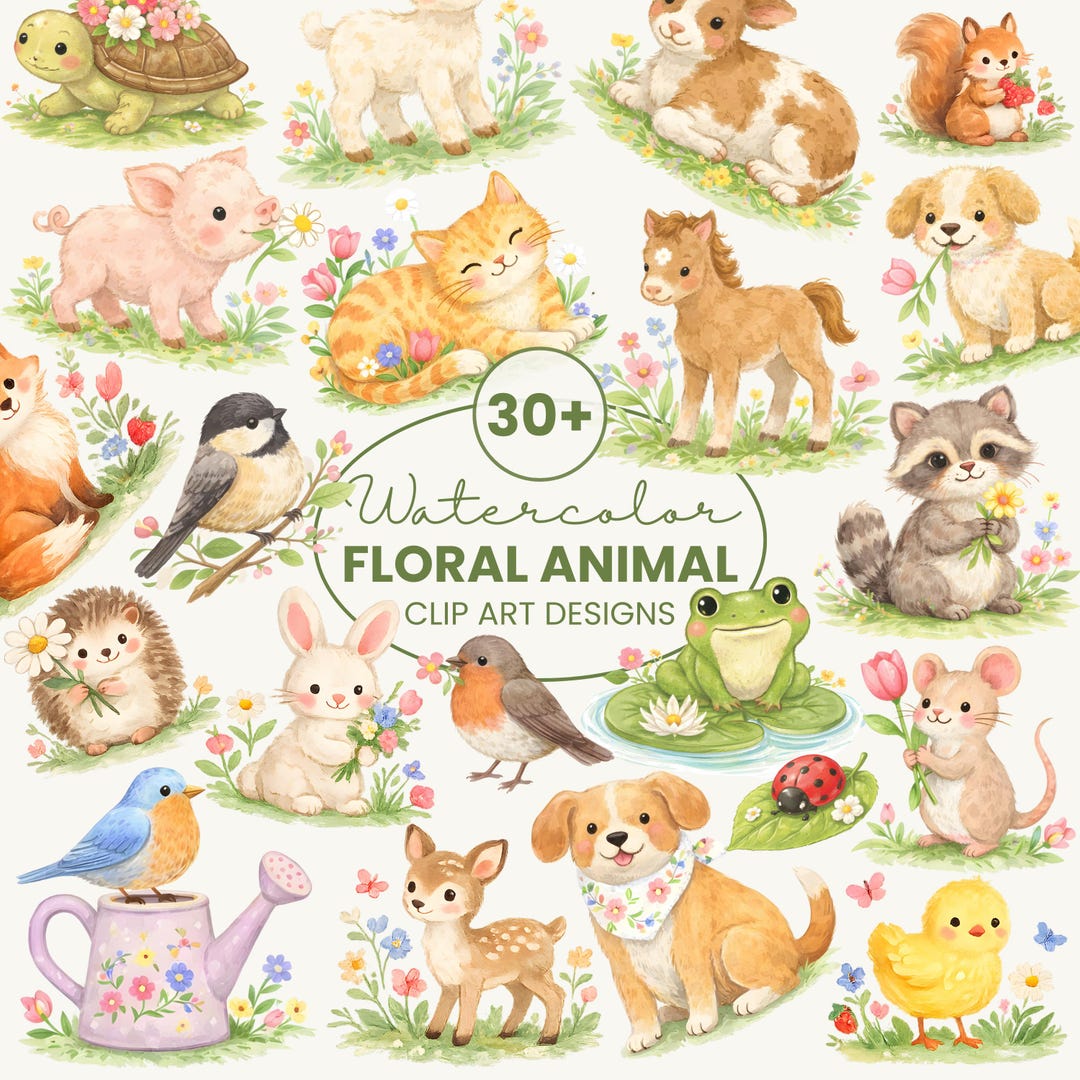 Watercolor Floral Animal Clip Art Bundle | Baby Animals | Spring ...