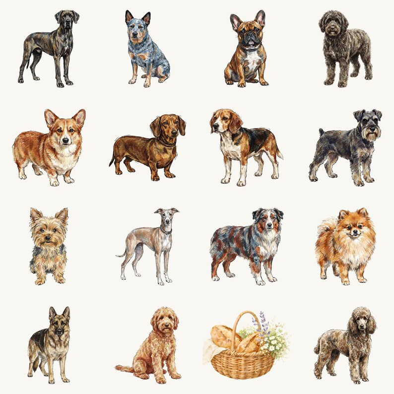 Dog Breed Clip Art PNG Bundle | 30+ Realistic Watercolor Dogs, Puppy ...