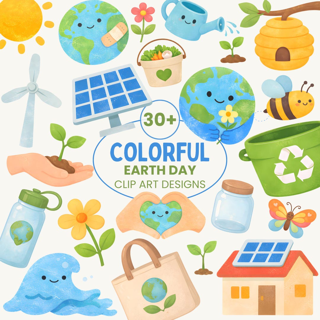 Colorful Earth Day Clip Art Bundle | Eco Icons, Solar, Bees, Plants (30 ...