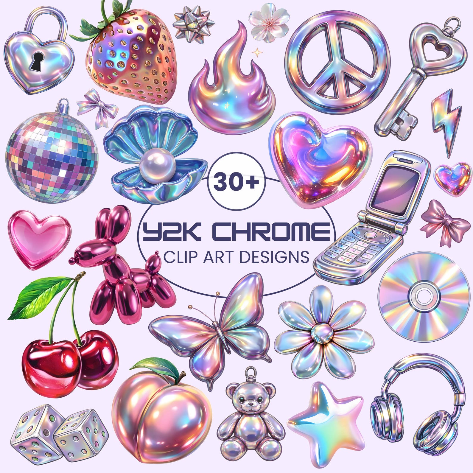 Y2K Chrome Clip Art Bundle | Holographic 2000s Graphics (digital ...