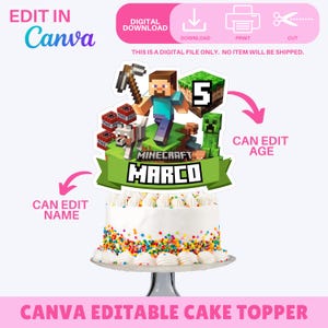 Canva Editable Gamer Cake Topper, Minecrafter Birthday, Gamer Cake ...