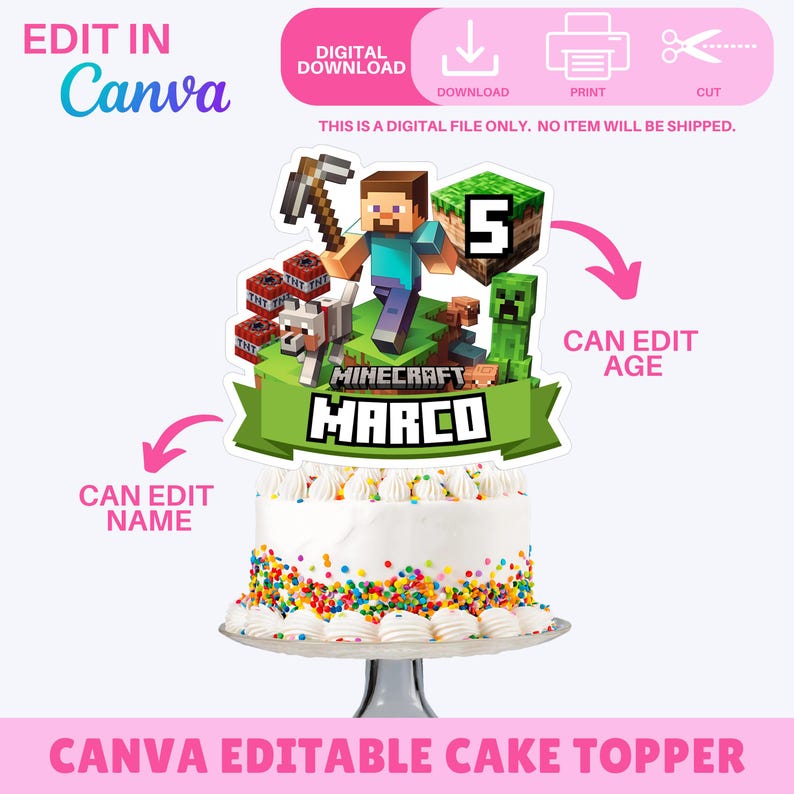 Canva Editable Gamer Cake Topper, Minecrafter Birthday, Gamer Cake ...