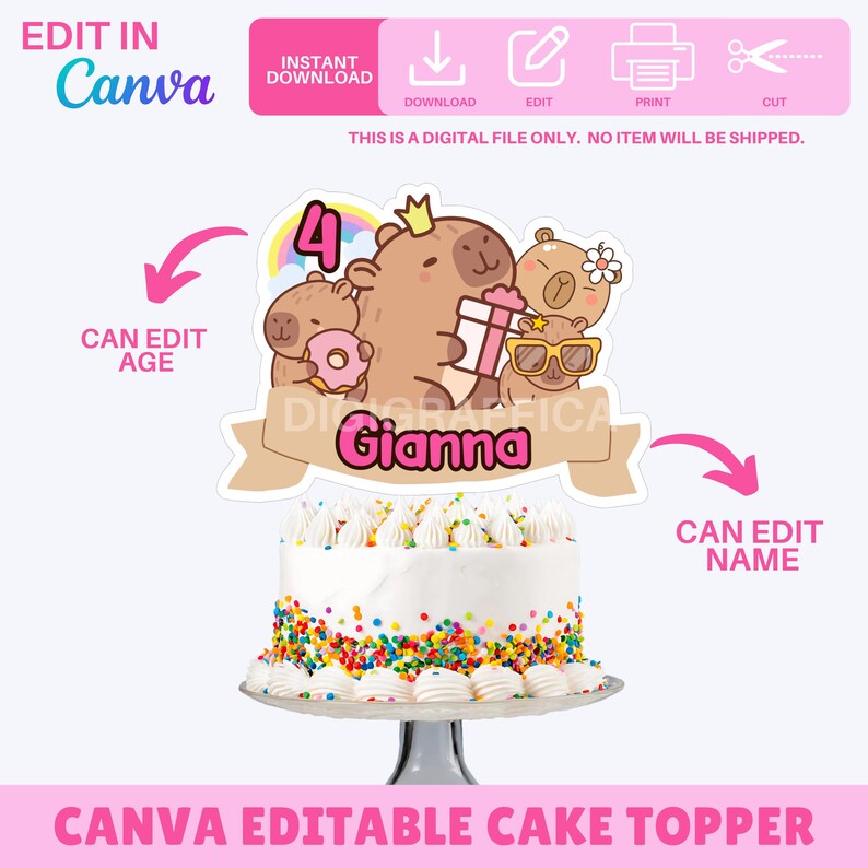 Editable Capybara Printable Birthday Cake Topper, Editable Canva Party ...