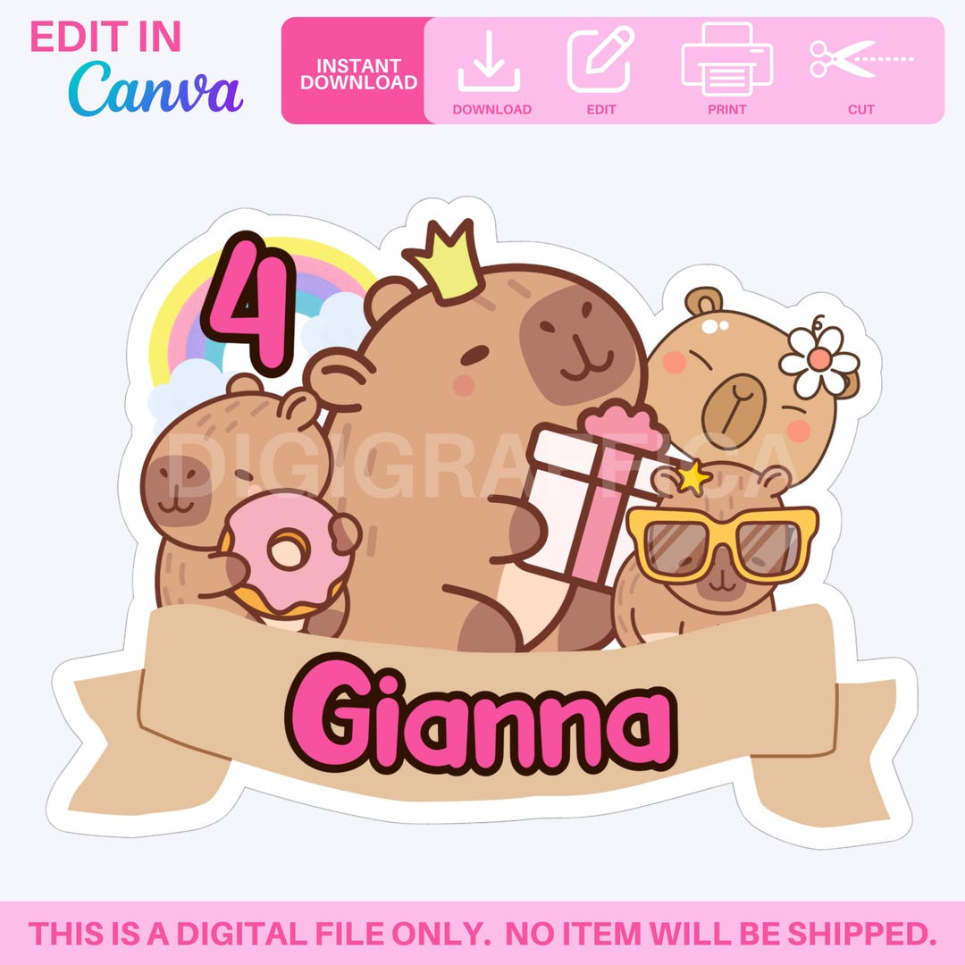 Capybara Birthday Digital Cake Topper | Canva Editable Template ...