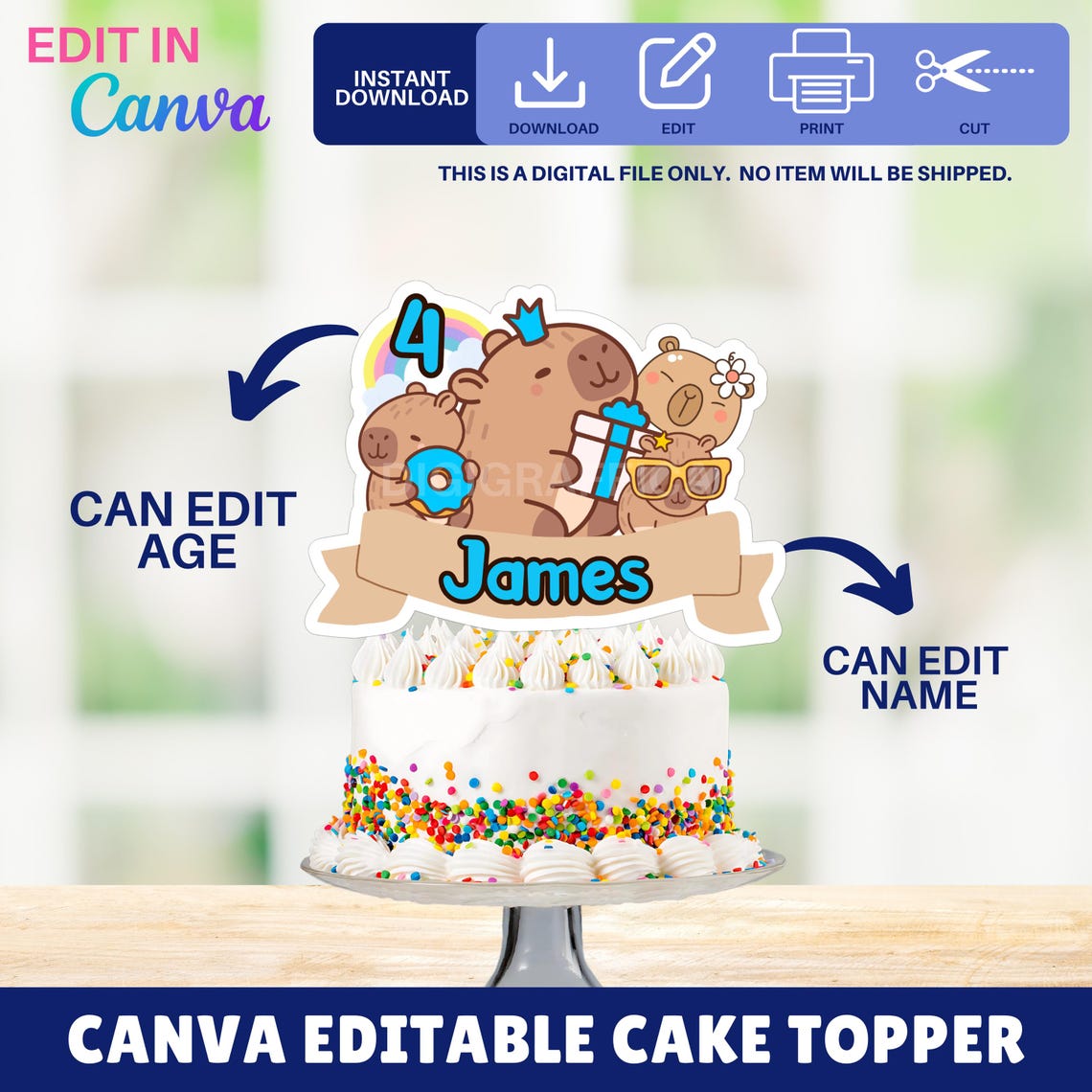 Blue Capybara Birthday Cake Topper: Editable Canva Template (digital ...