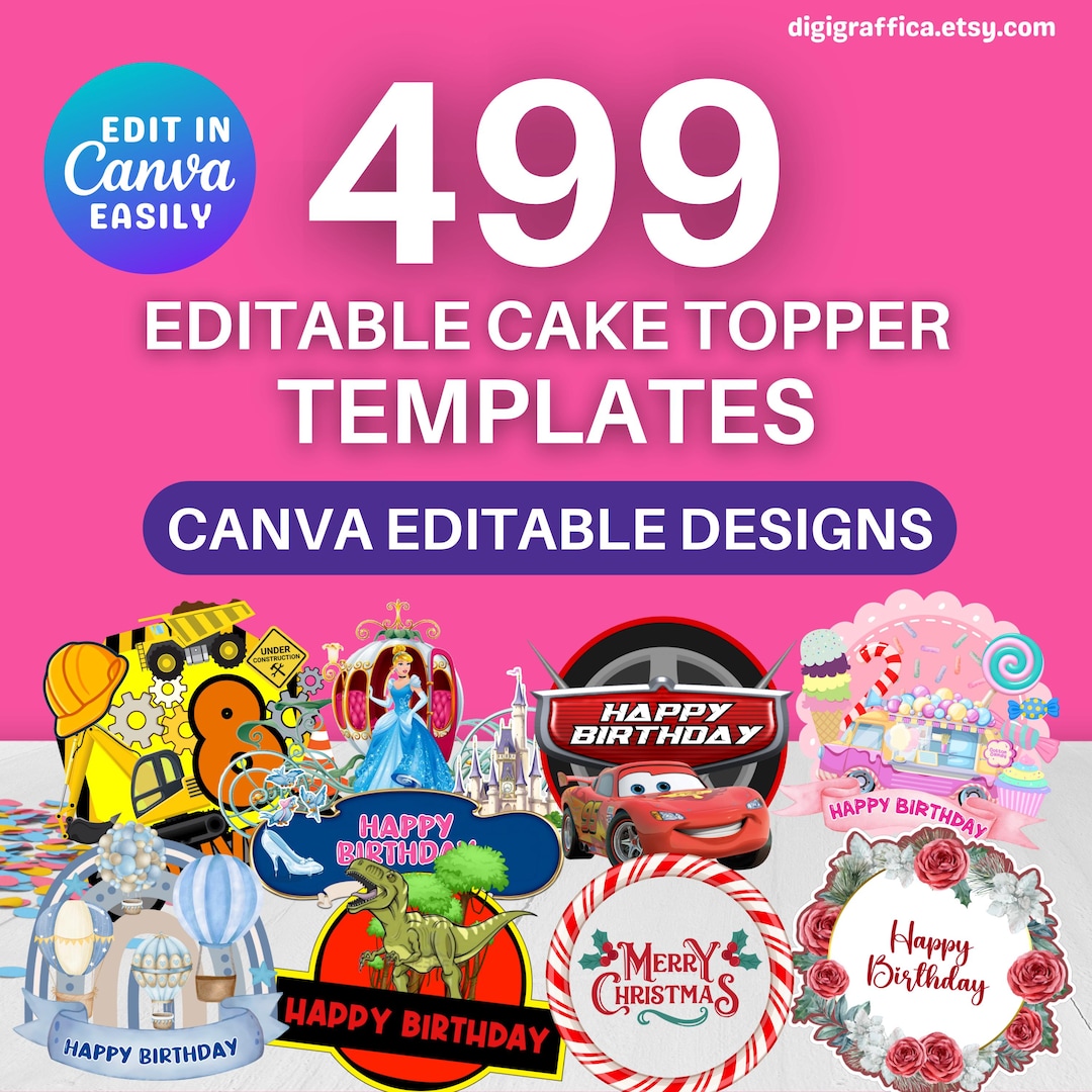 499 Text Editable Digital Cake Topper Templates: Birthday Party Designs ...