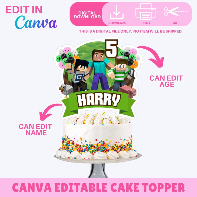 Canva Editable Cake Topper, Birthday Cake Topper, Gamer Cake Topper,diy ...