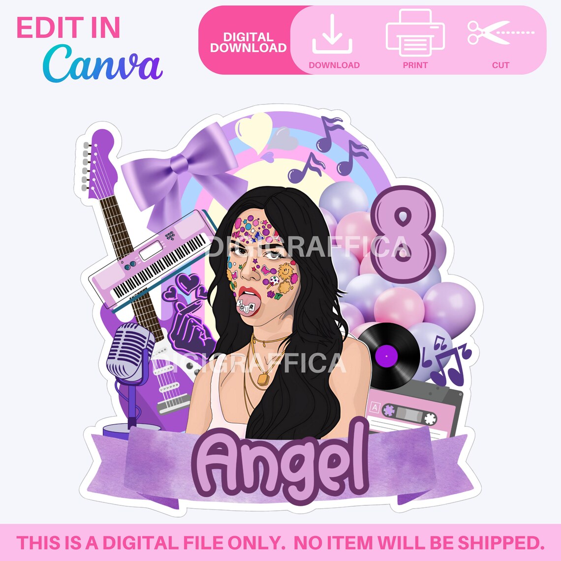 Pop Star Purple Cake Topper Template | Canva Editable Digital File ...