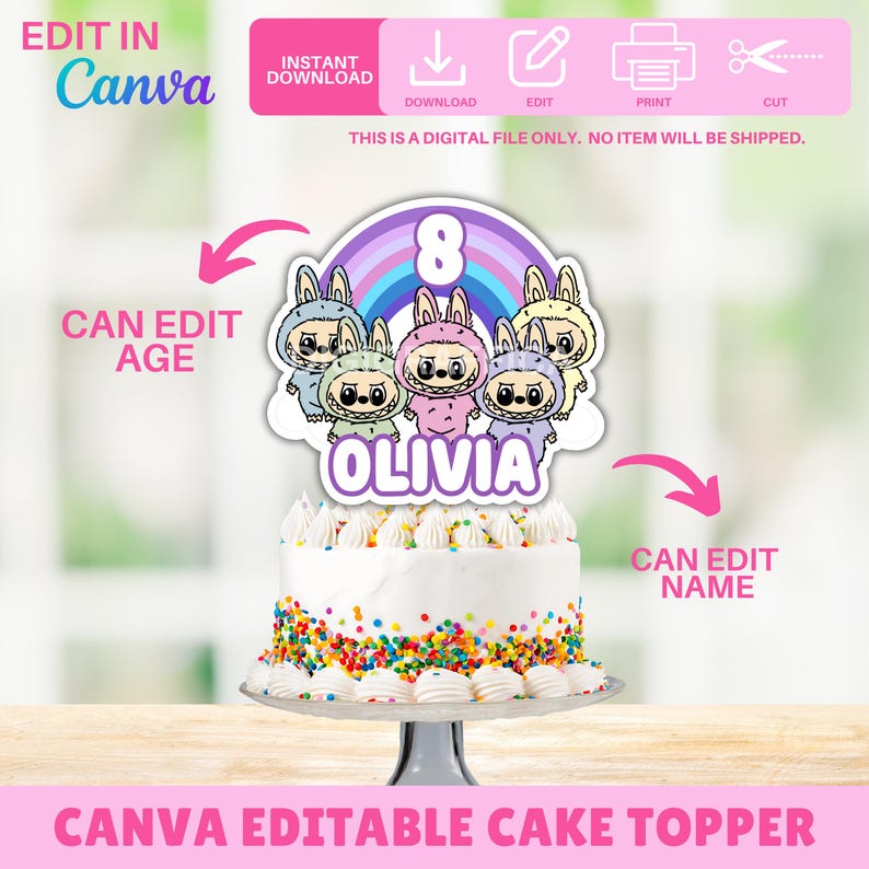 Editable Labubu Digital Cake Topper | Edit in Canva Template ...